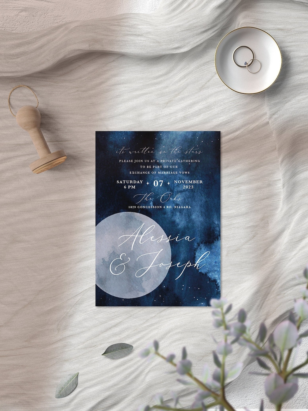 Celestial Invitation, Blue Watercolor Full Moon Invitation, Starry ...