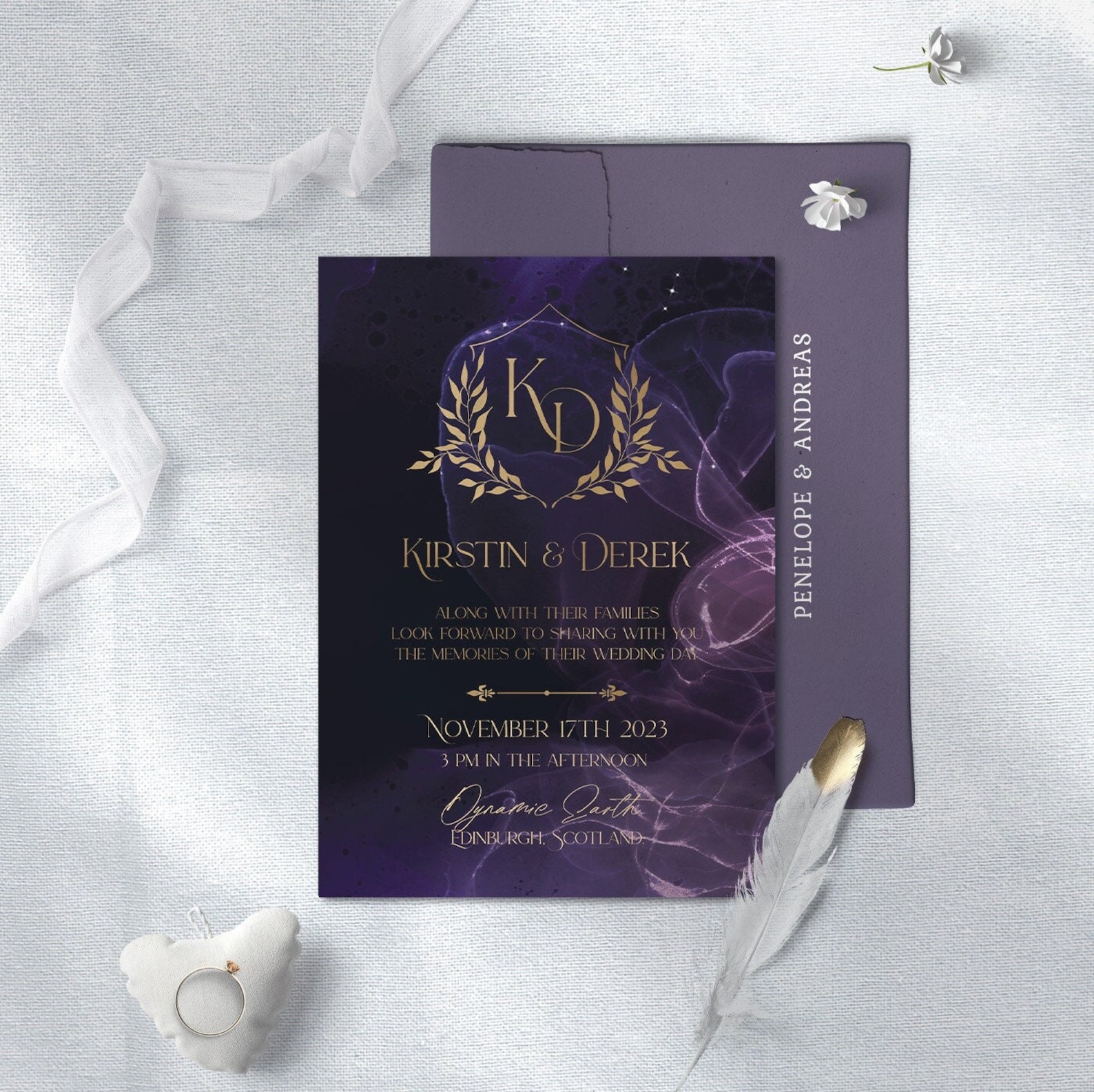 Empire Purple Invitation, Purple Watercolor Invite, Laurel Leaf Wreath ...
