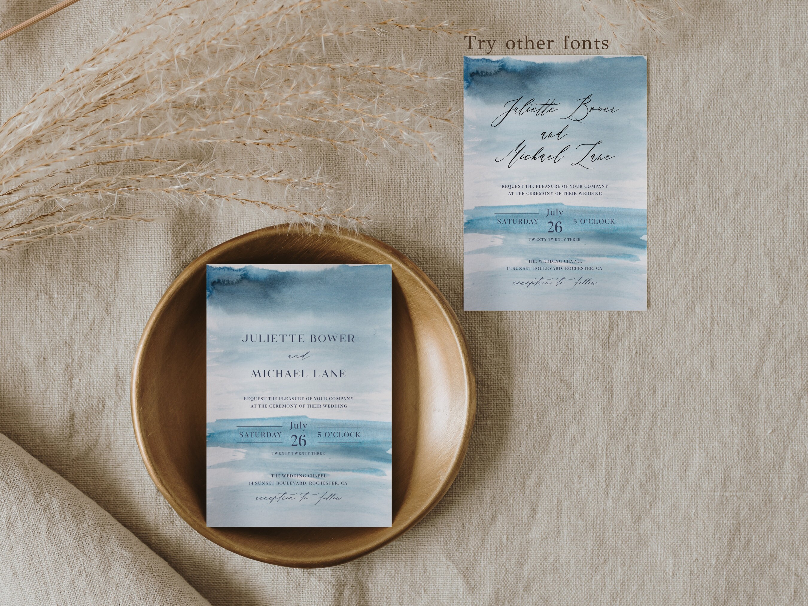 Caspian Wedding Invitation, Ocean Blue Invitation, Blue Watercolor ...