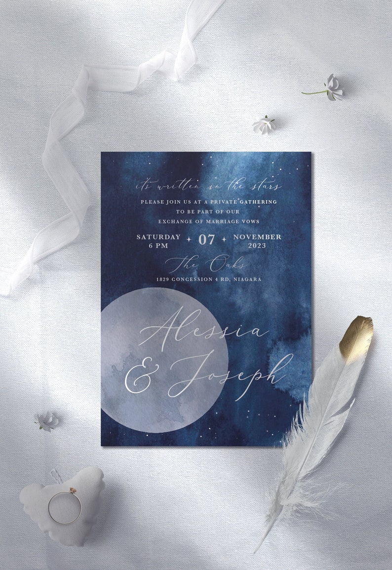 Celestial Invitation Blue Watercolor Full Moon Invitation - Etsy