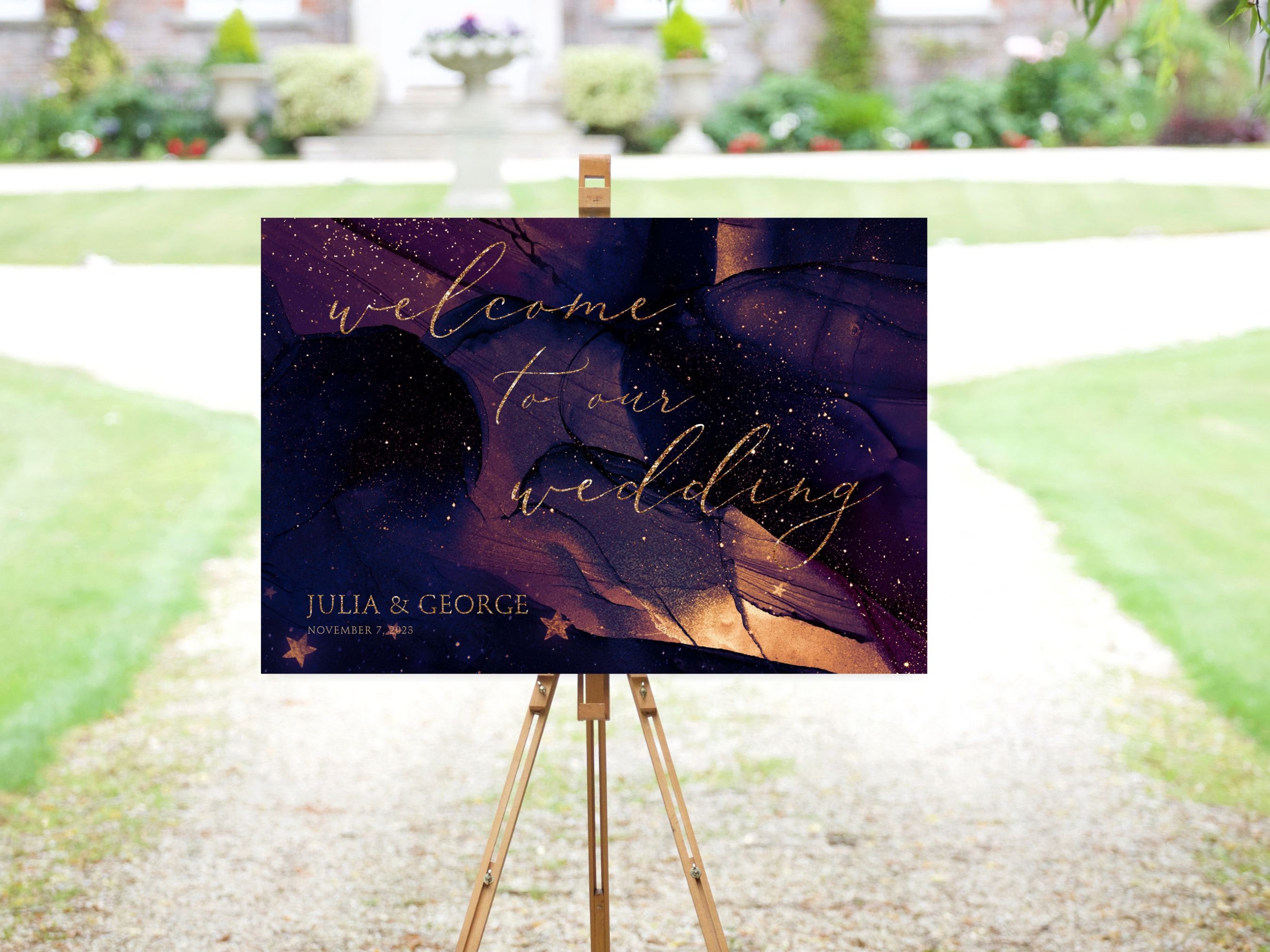 Abstract Galaxy Welcome Sign, Wedding Signs, Deep Purple Watercolor and ...