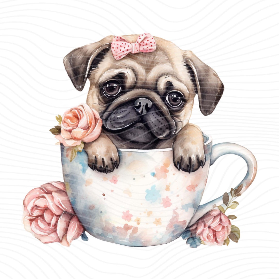 Puppy Pug in Cup Clipart, Pug Dog Watercolor, Nursery Pug Dog PNG ...