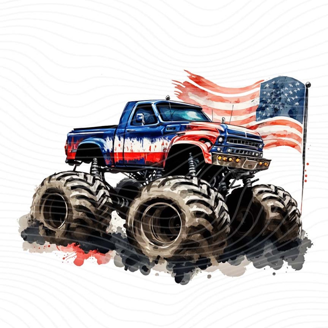 Monster Truck Flag Clipart, Semi Truck America Flag Watercolor, Semi ...