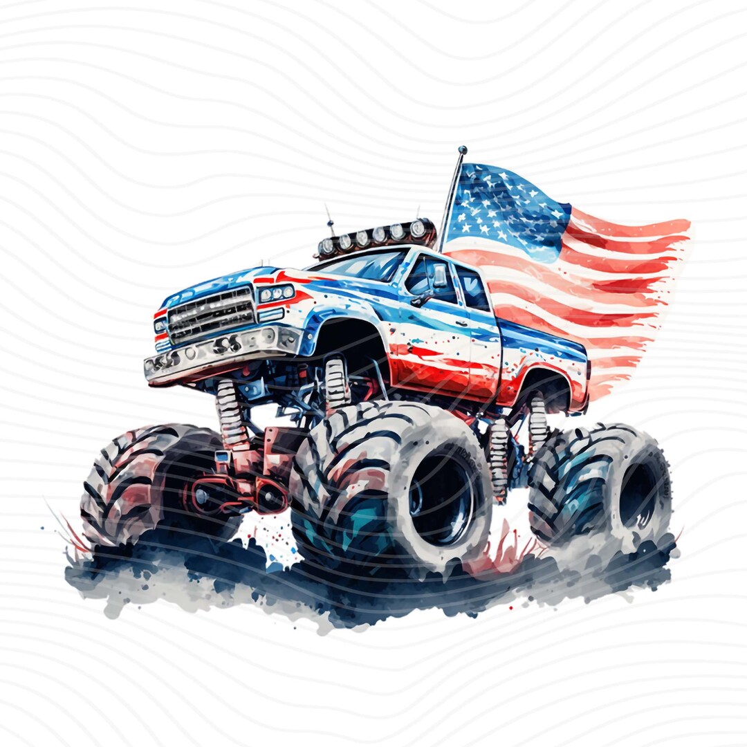 Monster Truck Flag Clipart, Semi Truck America Flag Watercolor, Semi ...
