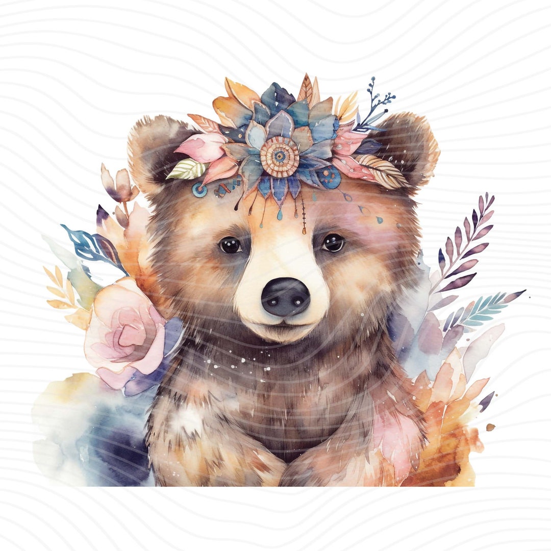Cute Boho Bear Clipart, Bear Watercolor, Nursery Baby Bear PNG ...
