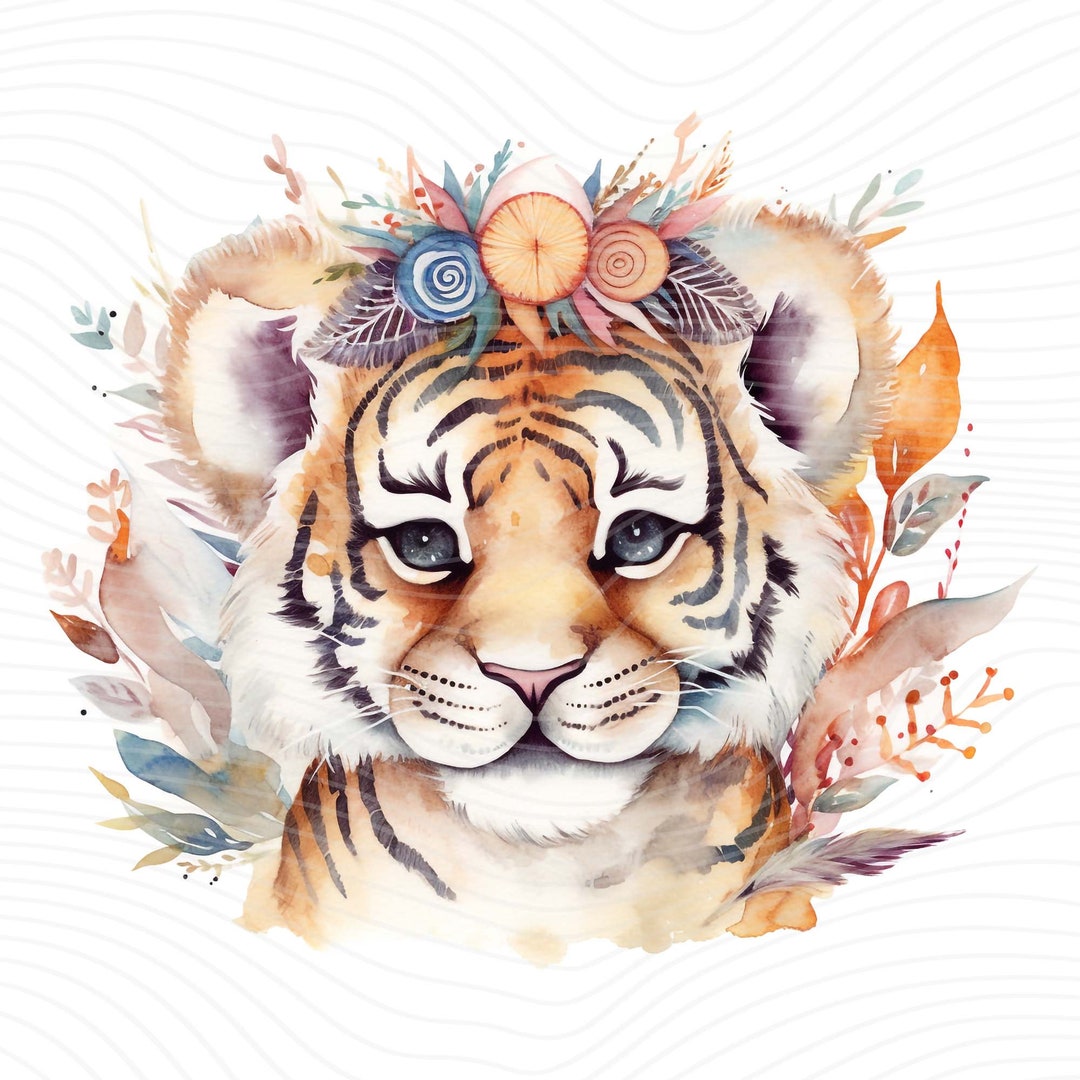 Cute Boho Tiger Clipart, Tiger Watercolor, Nursery Baby Tiger PNG ...