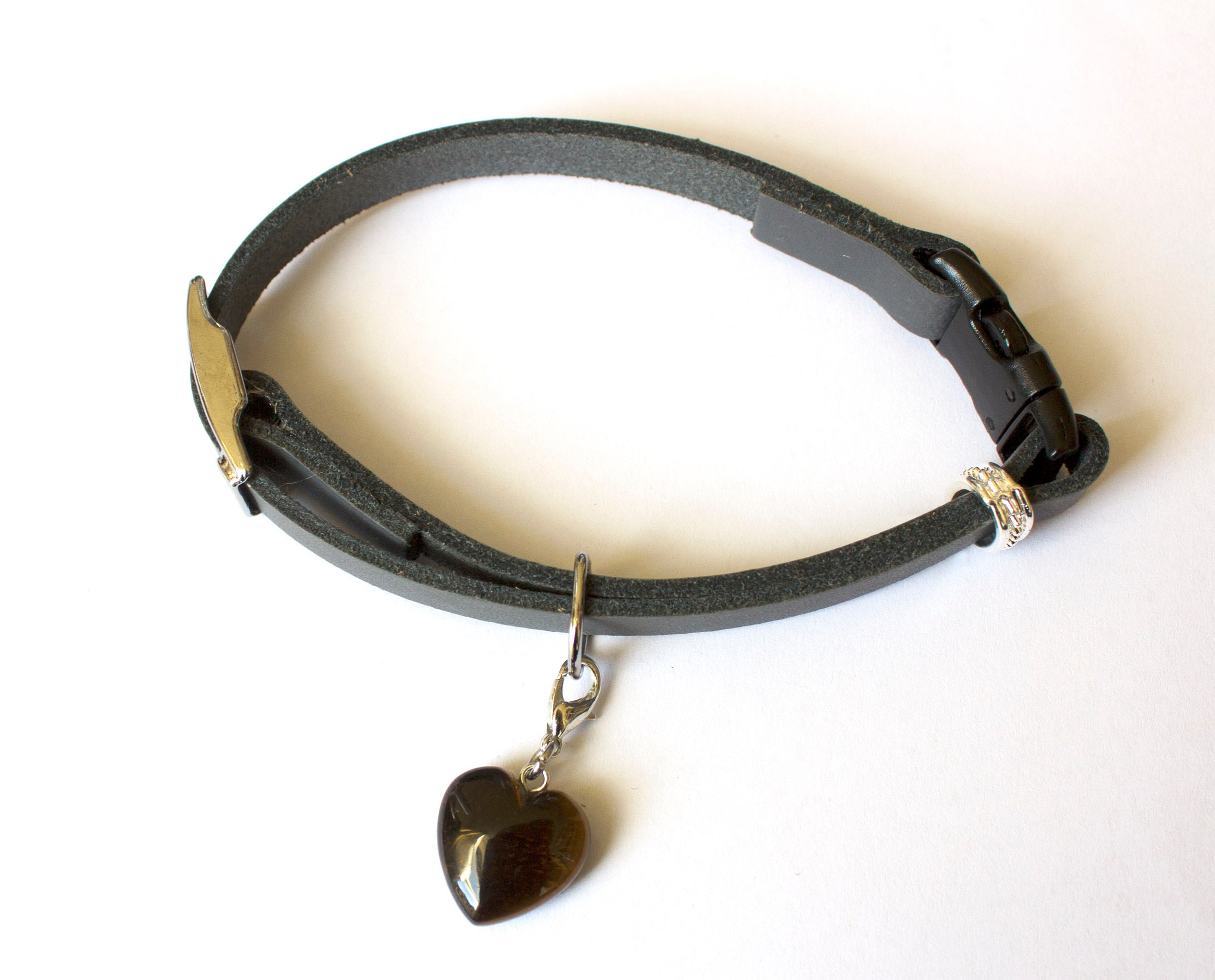Luxury grey leather cat collar with tiger eye heart gemstone | Etsy