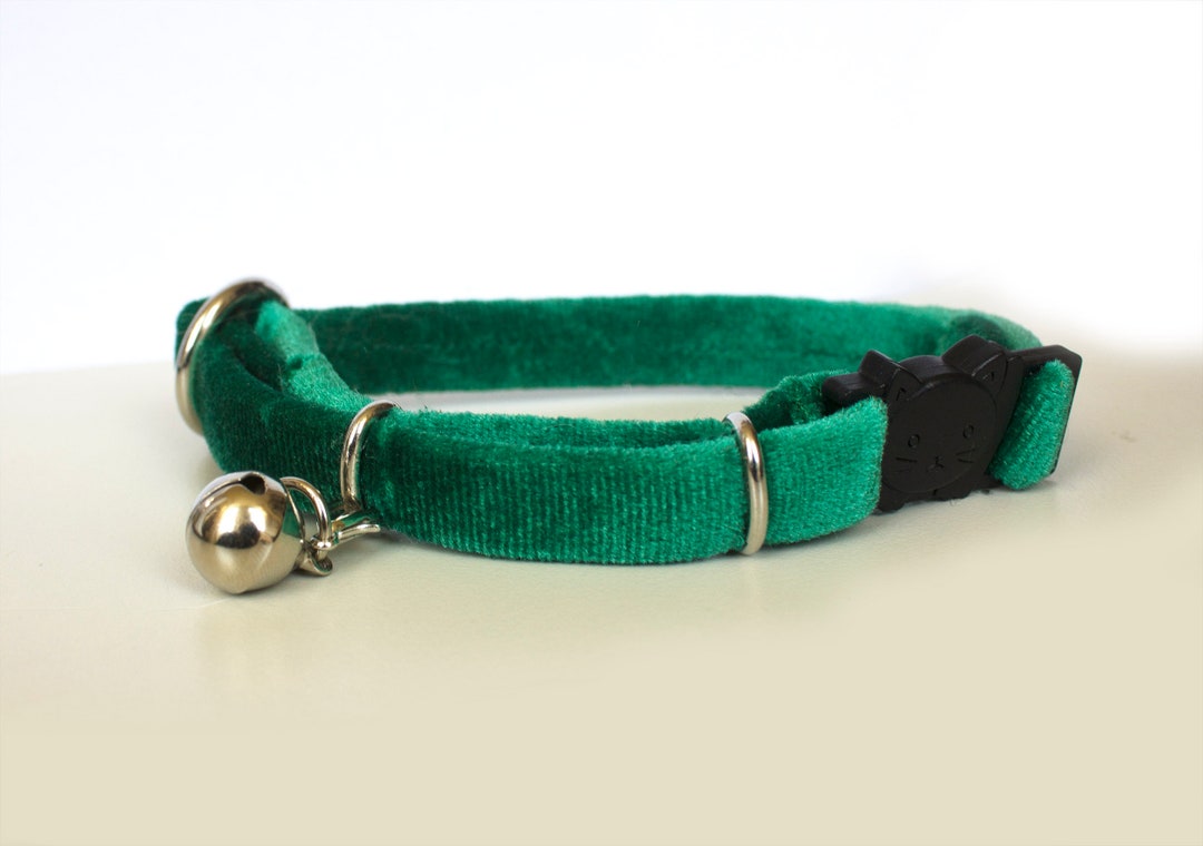 Green Emerald Velvet Cat Collar With Bell Breakaway, Soft Fancy Hip ...