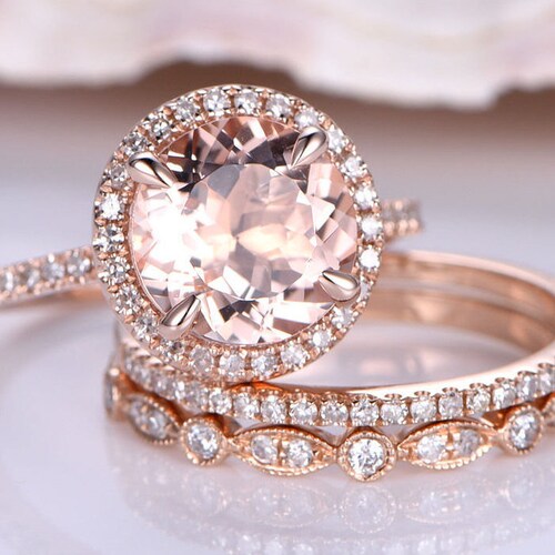 7mm Round Cut Pink Morganite Engagement Ring Diamond Halo Ring - Etsy