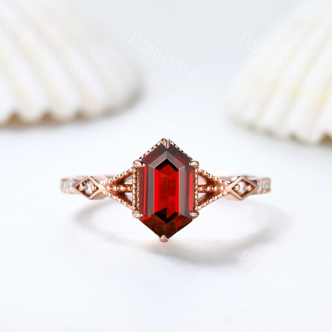 Vintage Long Hexagon Cut Red Garnet Ring Diamond Rose Gold Band Garnet ...