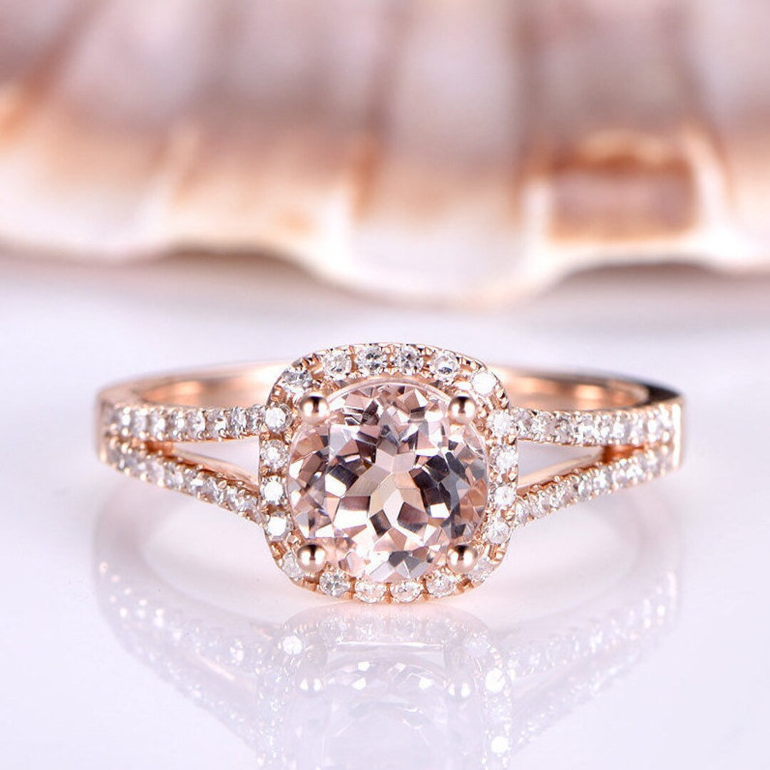 Round 1.2ct Morganite Engagement Ring Diamond Ring Solid 14k Rose Gold ...