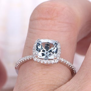 7mm Cushion Cut Aquamarine Engagement Ring 14k White Gold Ring Diamond ...