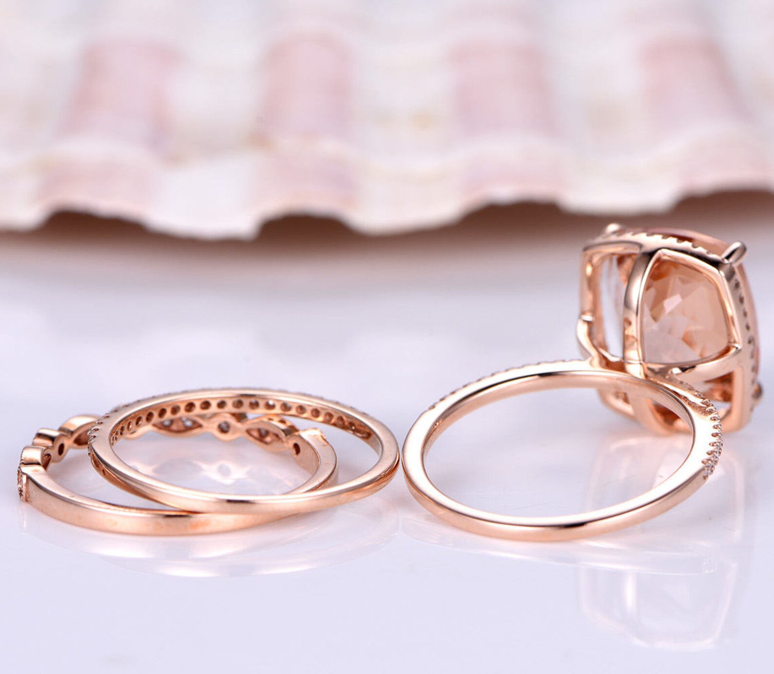 12x10mm Morganite Engagement Ring Set Art Deco Wedding Band Diamond ...
