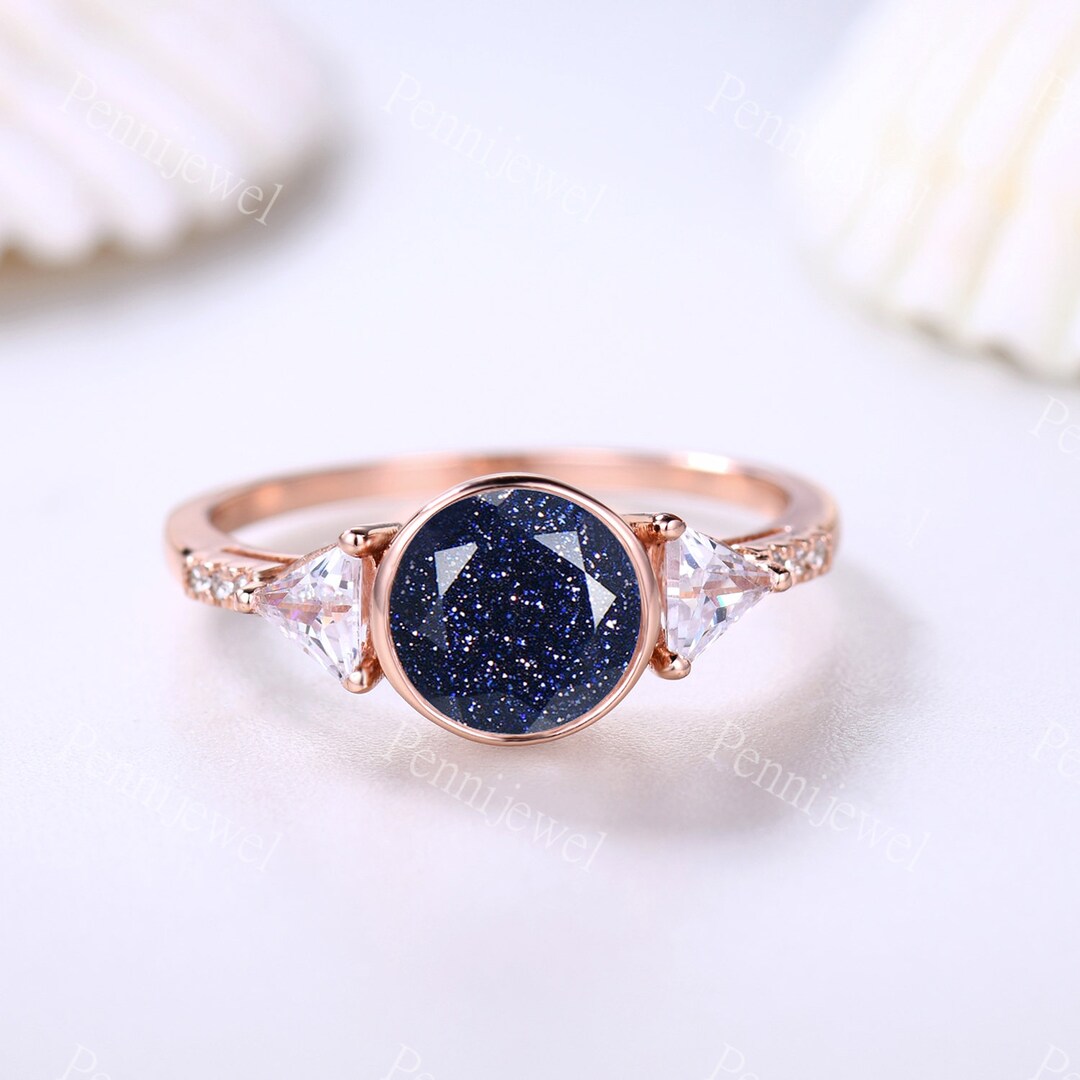 Blue Sandstone Engagement Ring 14k Rose Gold Vintage Promise Engagement ...