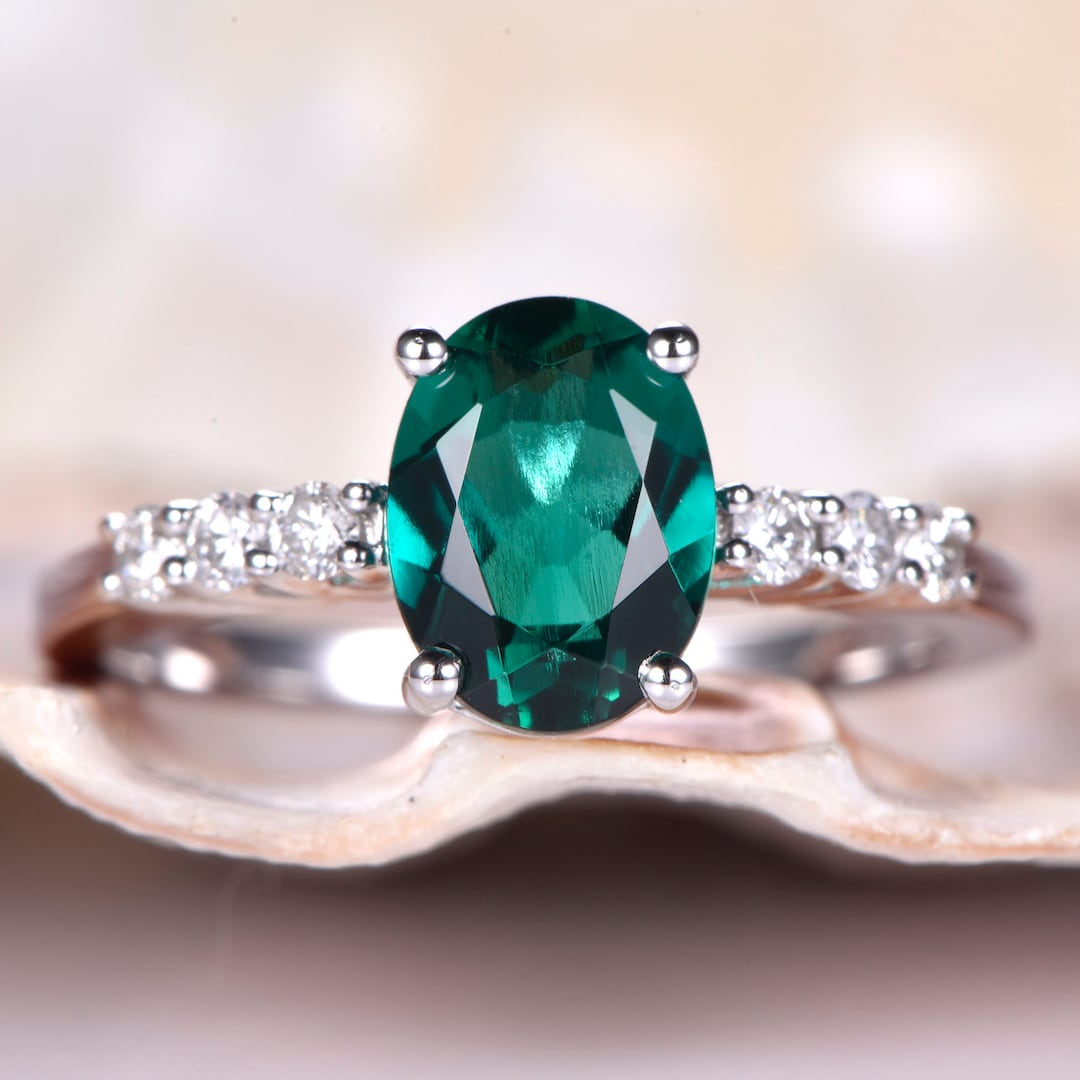 Oval 8x6mm Emerald Engagement Ring Moissanite Ring Solid 14k Rose Gold ...