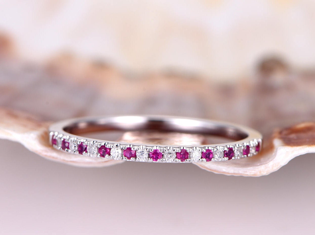 Natural Ruby Diamond Wedding Band Solid 14k White Gold Half - Etsy Canada