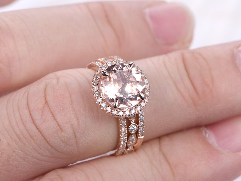 Morganite Ring Set 7mm Round Cut Morganite Wedding Ring Art - Etsy