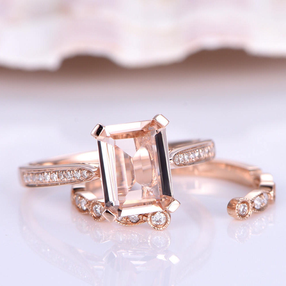 Morganite Ring Set Unique Emerald Cut Morganite Engagement | Etsy
