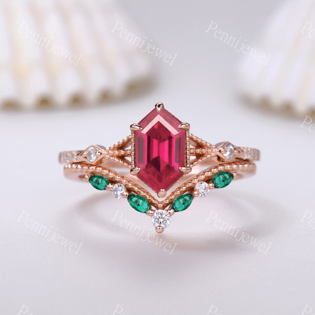 Unique Hexagon Ruby Engagement Ring,vintage Emerald Moissanite Ring Set ...