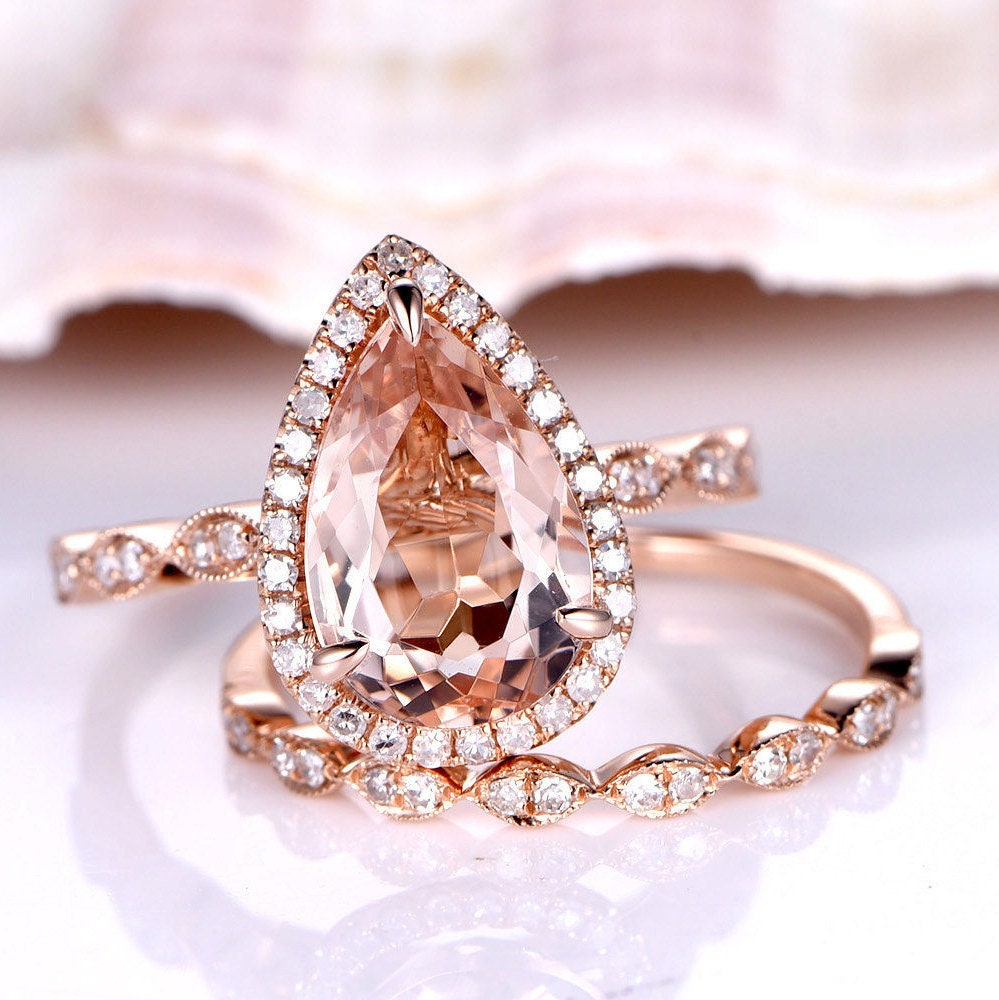 Morganite Ring Set Natural Morganite Engagement Ring 8x12mm | Etsy