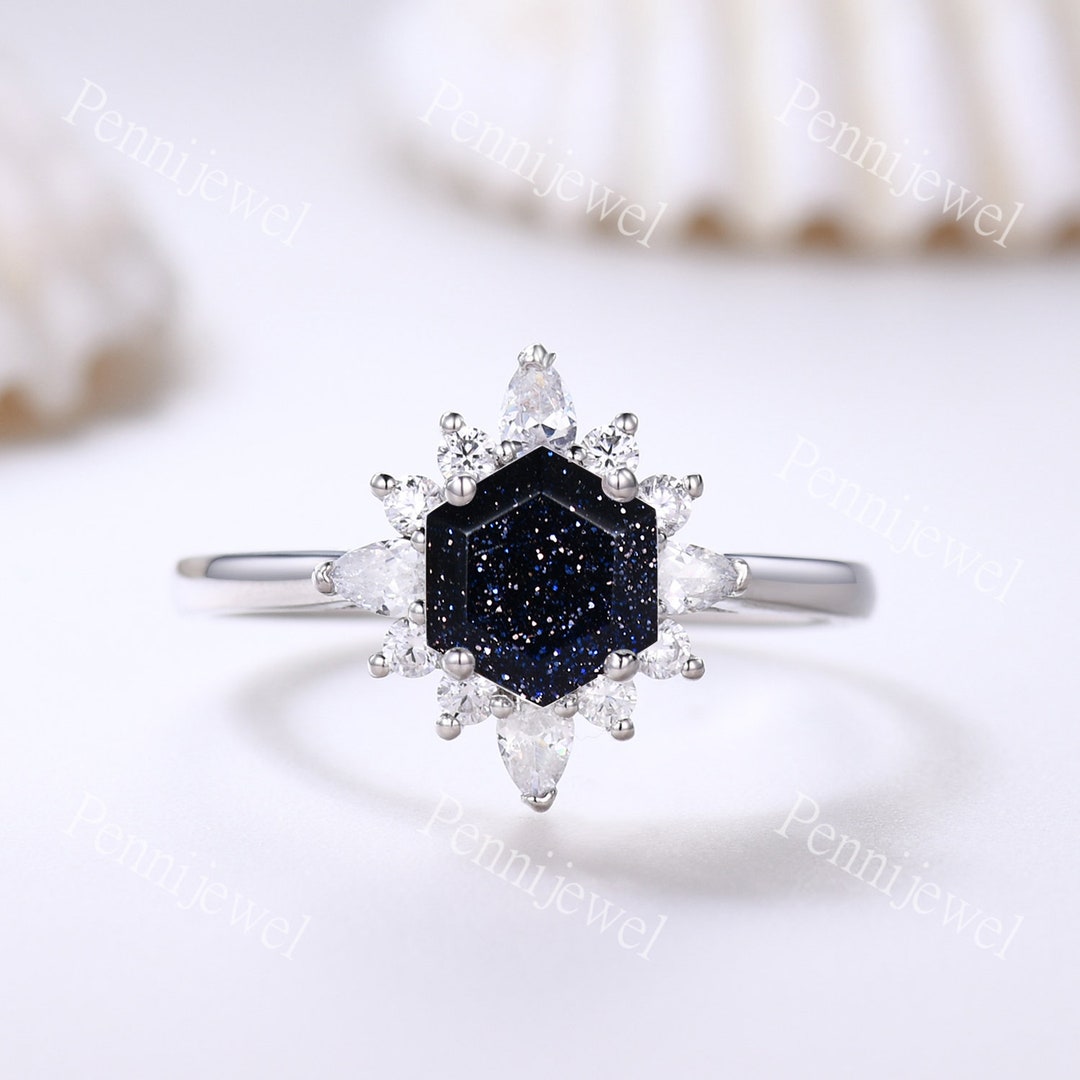 Hexagon Cut Blue Sandstone Ring Unique Women Bridal Ring 14k White Gold ...