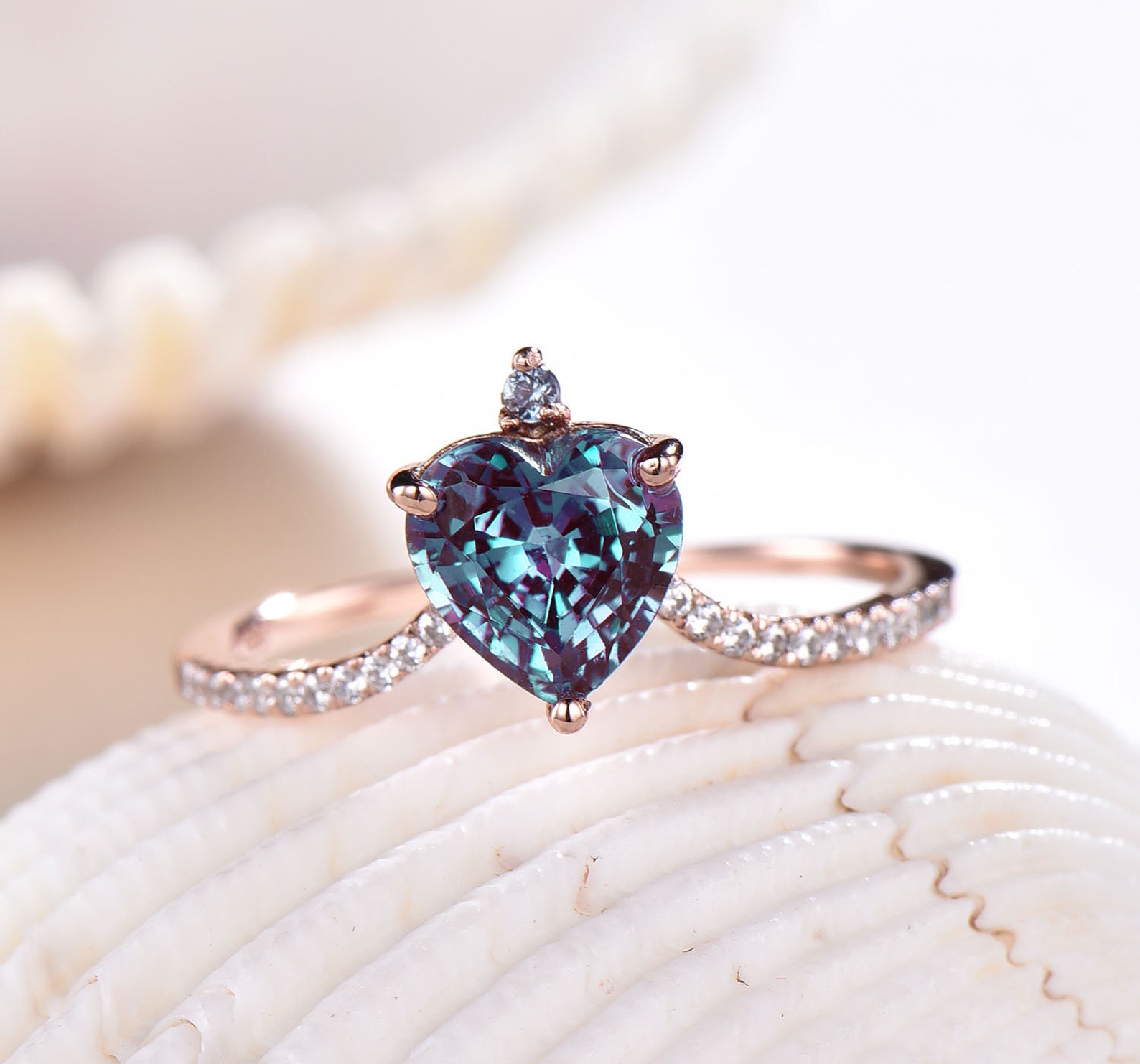 Heart Shaped Alexandrite Engagement Ring Women Unique Moissanite ...