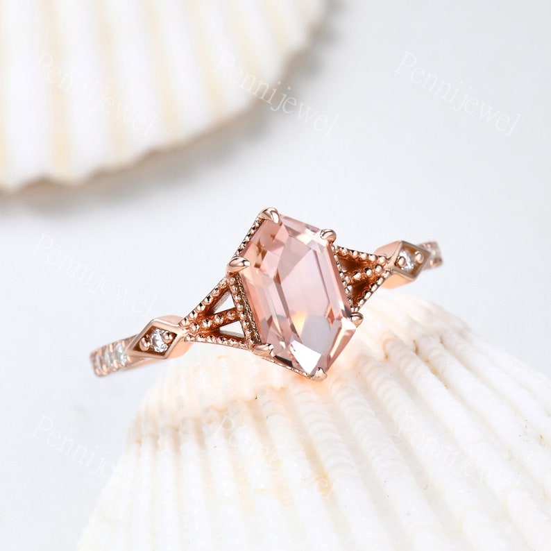 Vintage Long Hexagon Morganite Ring Diamond Rose Gold Band - Etsy