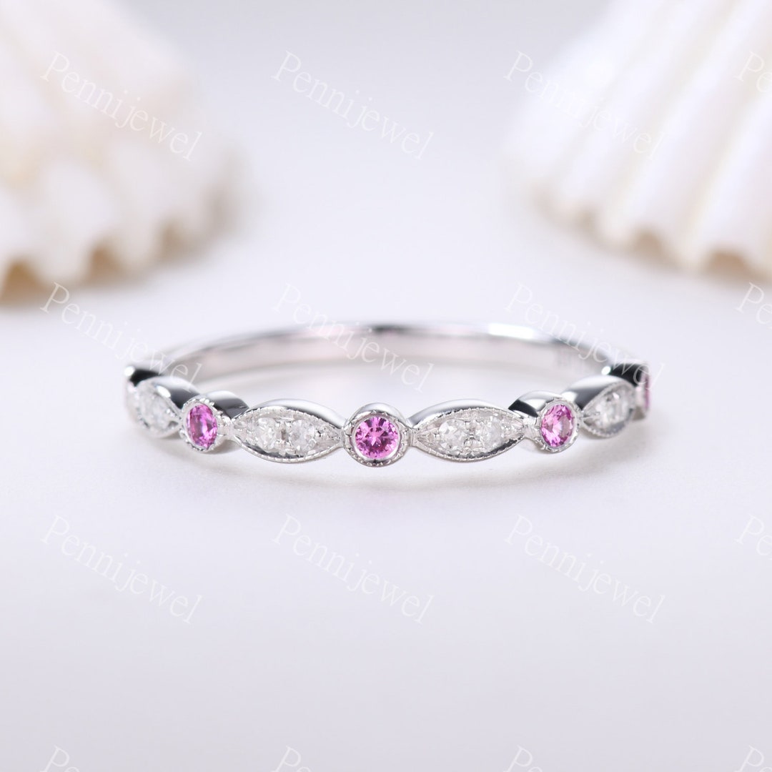 Art Deco Pink Sapphire Wedding Band,eternity Diamond Matching Ring ...