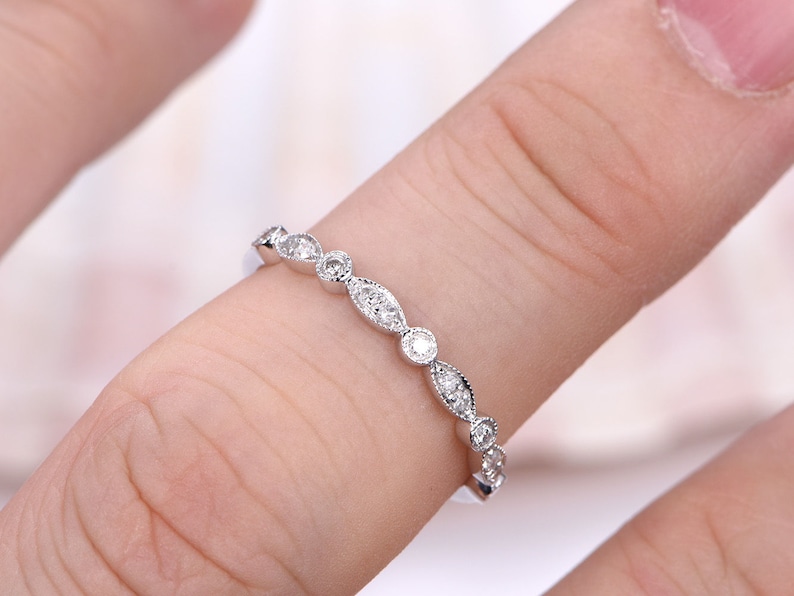 Milgrain Diamond Wedding Band Solid 14k White Gold Half - Etsy