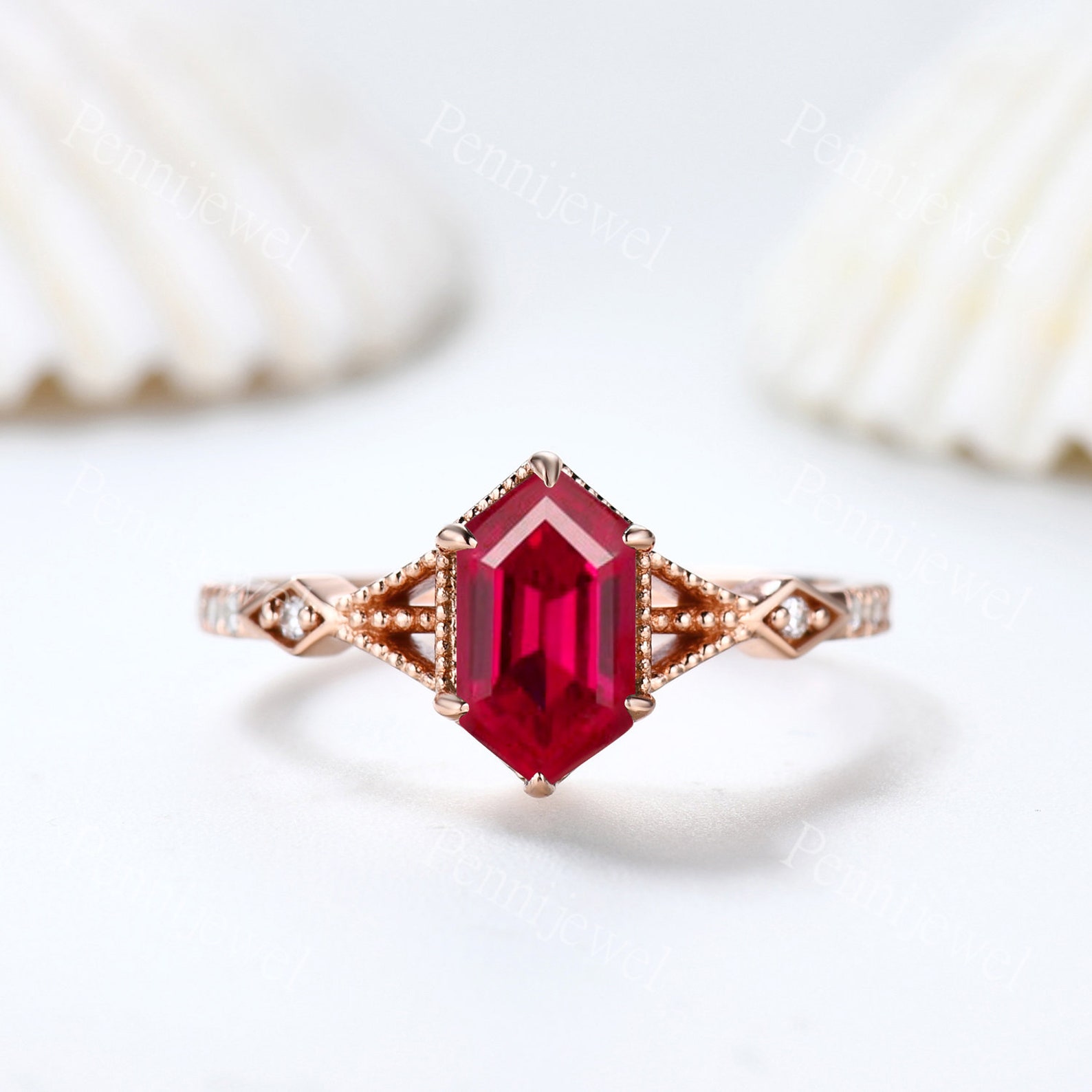 Vintage Long Hexagon Cut Red Ruby Ring Diamond Rose Gold Band Etsy