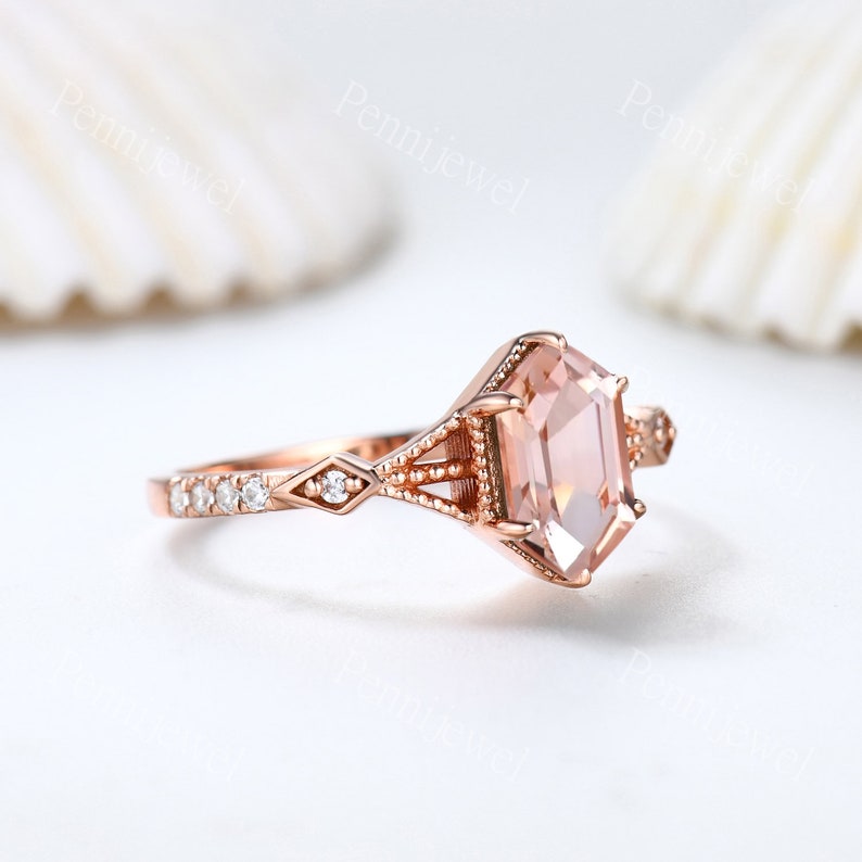 Vintage Long Hexagon Morganite Ring Diamond Rose Gold Band - Etsy
