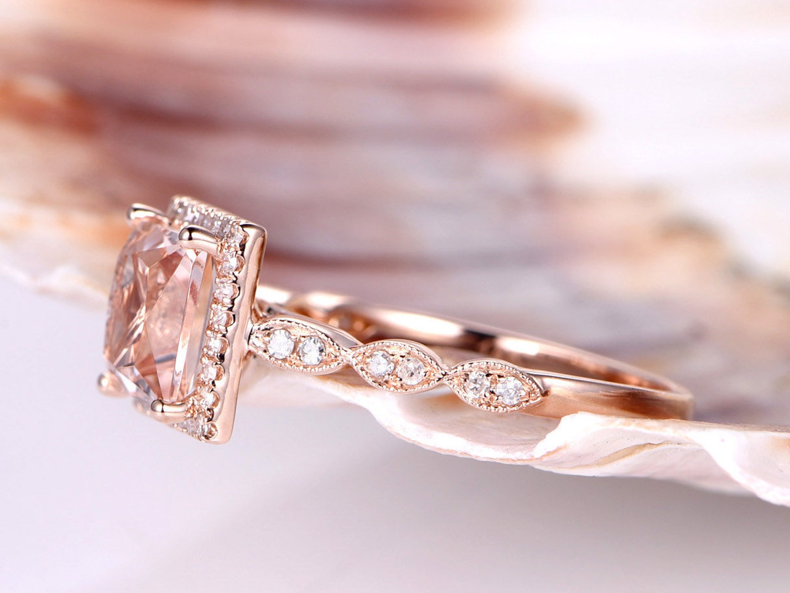 Princess Cut Morganite Engagement Ring 7mm Natural Morganite Ring Solid ...