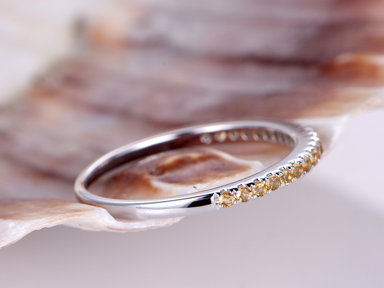 Natural Citrine Wedding Band Solid 14k White Gold Half Eternity Ring ...