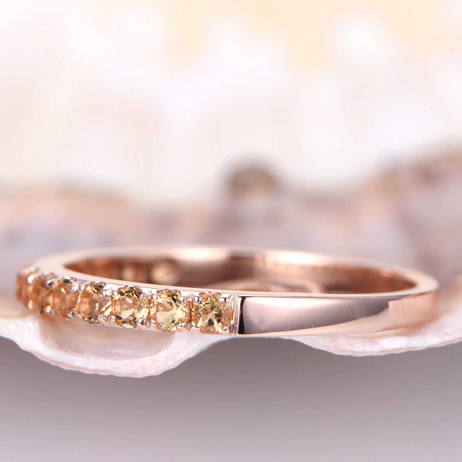 Citrine Ring Gold Citrine Wedding Band Half Eternity 2mm Round | Etsy