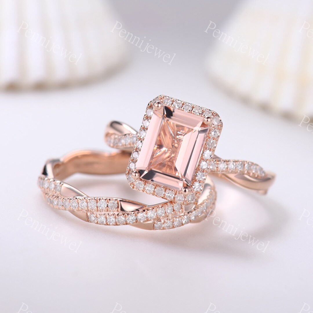 Morganite Ring Set Rose Gold Morganite Engagement Ring Twist Infinity ...