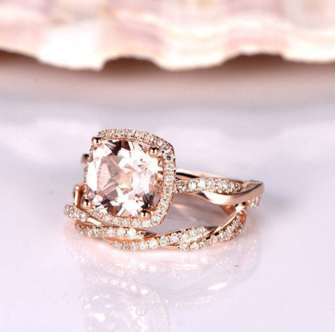 Morganite Ring Set Rose Gold Morganite Engagement Ring Twist - Etsy