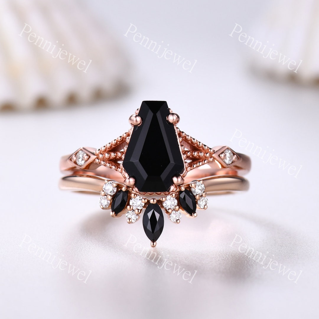 Vintage Black Spinel Ring Set for Women,art Deco Coffin Shape Black ...