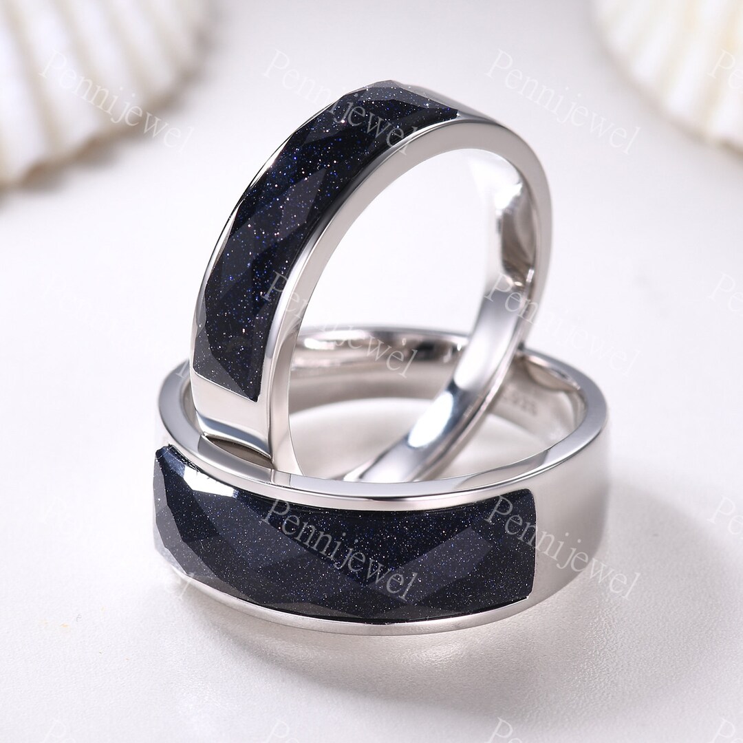 Blue Sandstone Couple Ring Starry Night Engagement Ring Set His and ...