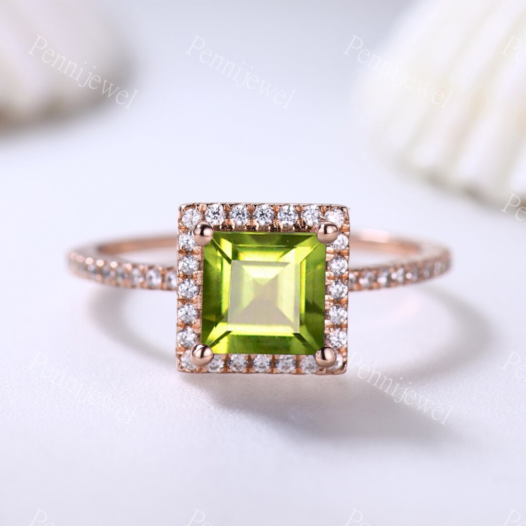Art Deco Peridot Engagement Ring Princess Cut Peridot August's ...