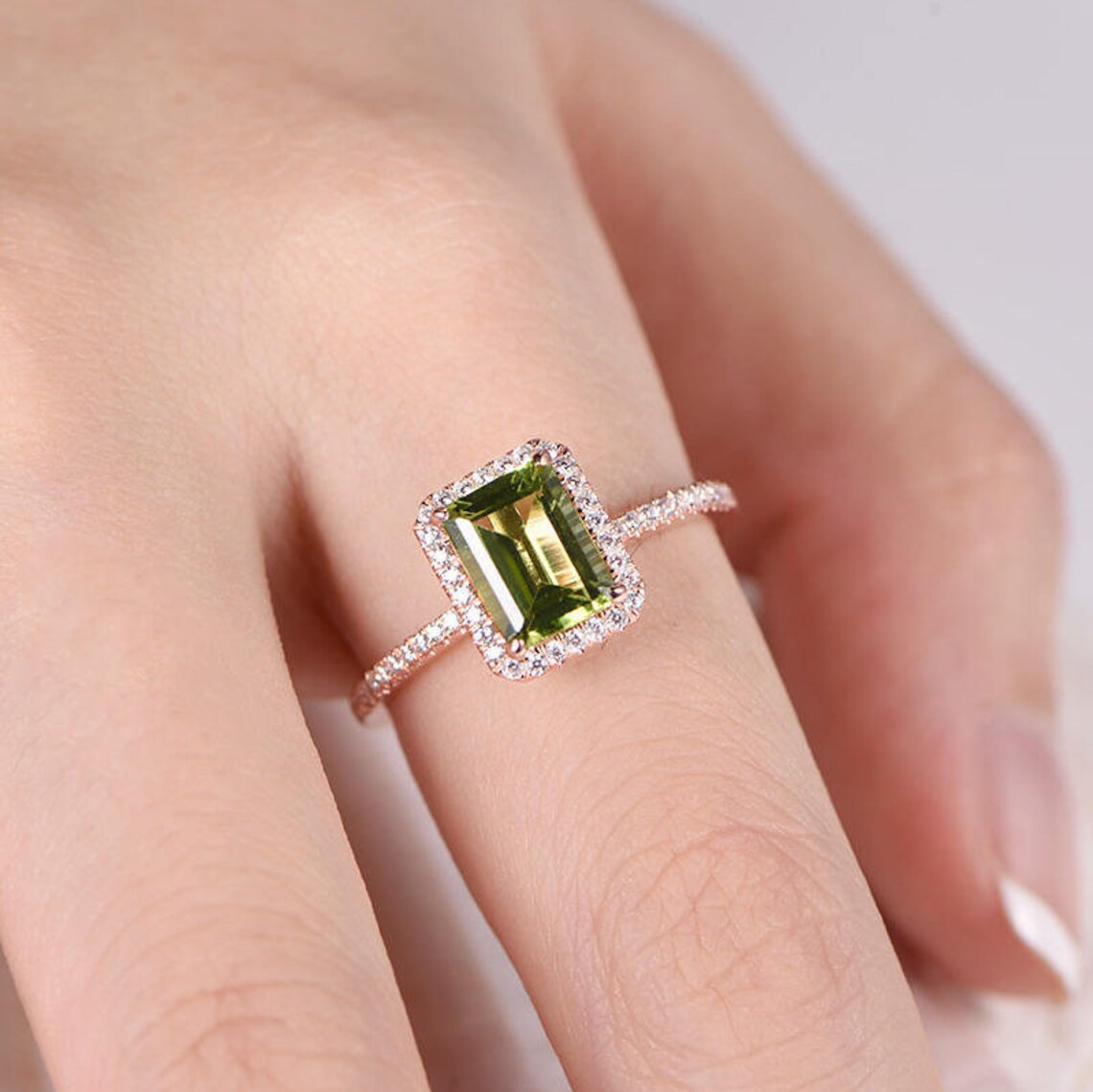 Peridot Ring Emerald Cut Peridot Engagement Ring 6x8mm | Etsy