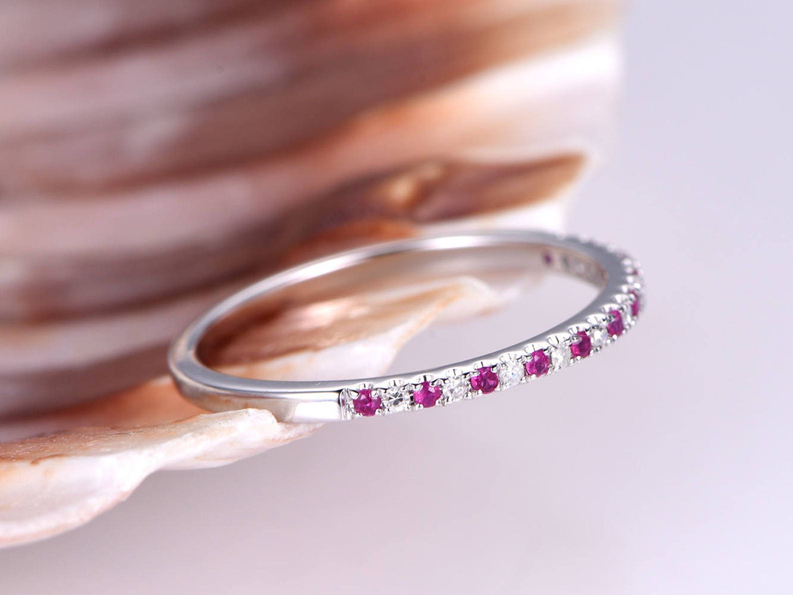 Natural Ruby Diamond Wedding Band Solid 14k White Gold Half - Etsy Canada