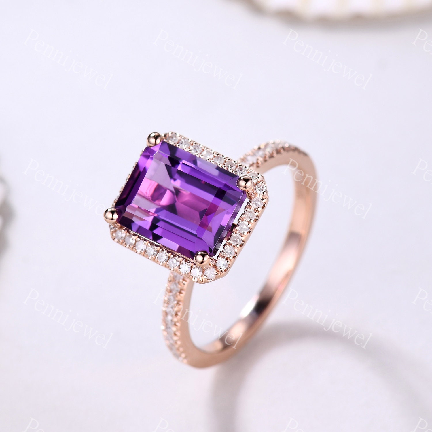 Vintage Emerald Cut Amethyst Engagement Ring Rose Gold Diamond - Etsy