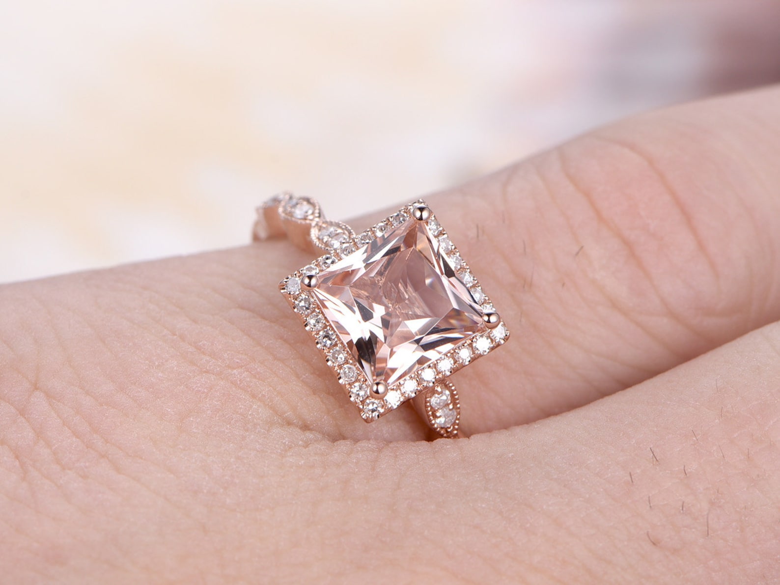 Princess Cut Morganite Engagement Ring 7mm Natural Morganite | Etsy