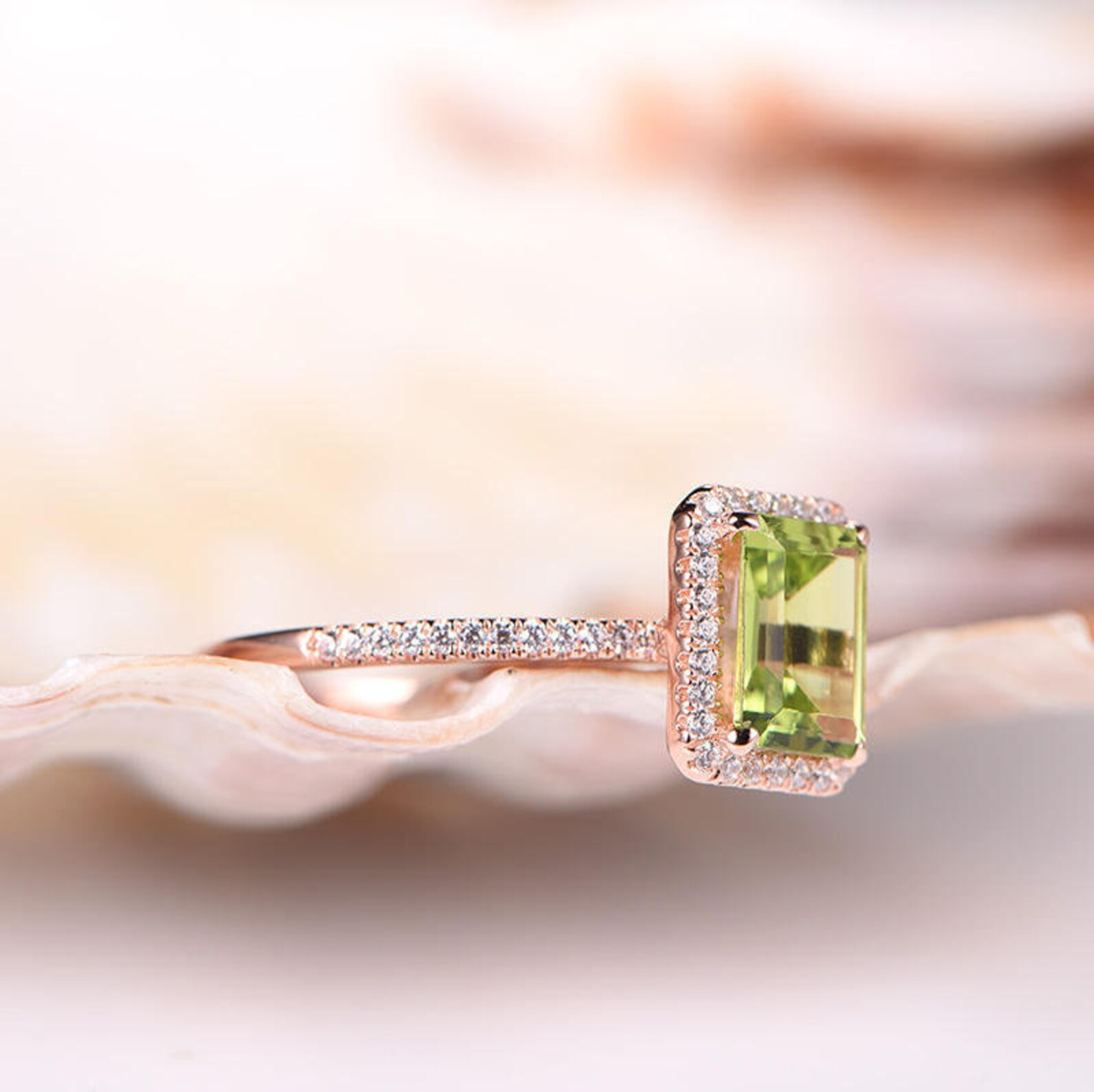 Peridot Ring Emerald Cut Peridot Engagement Ring 6x8mm - Etsy