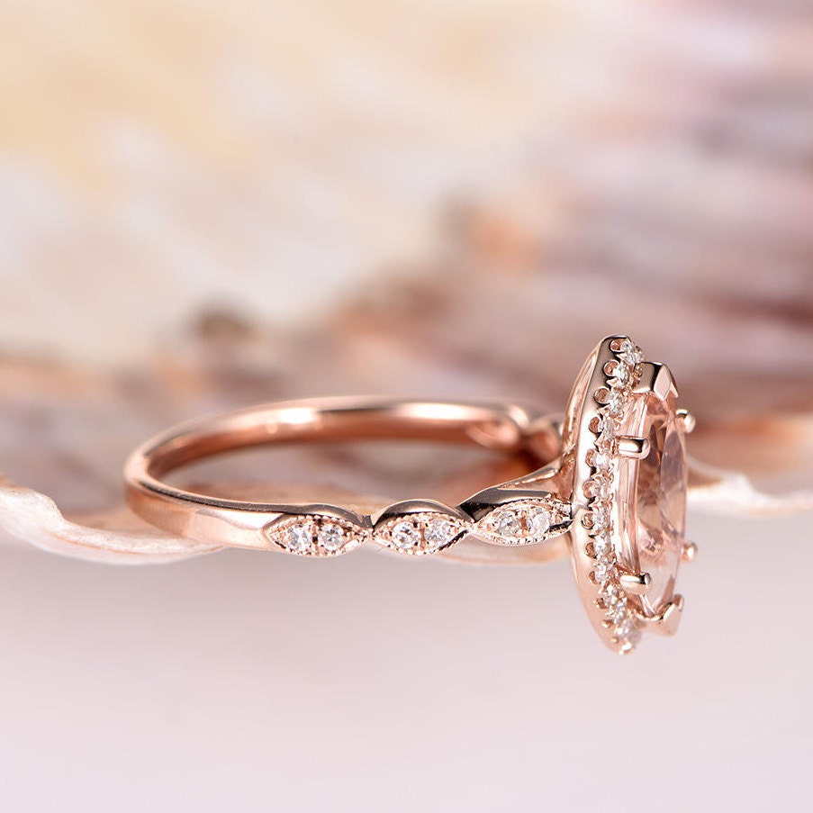 10x5mm Marquise Shaped Morganite Diamond Engagement Ring Rose Gold ...