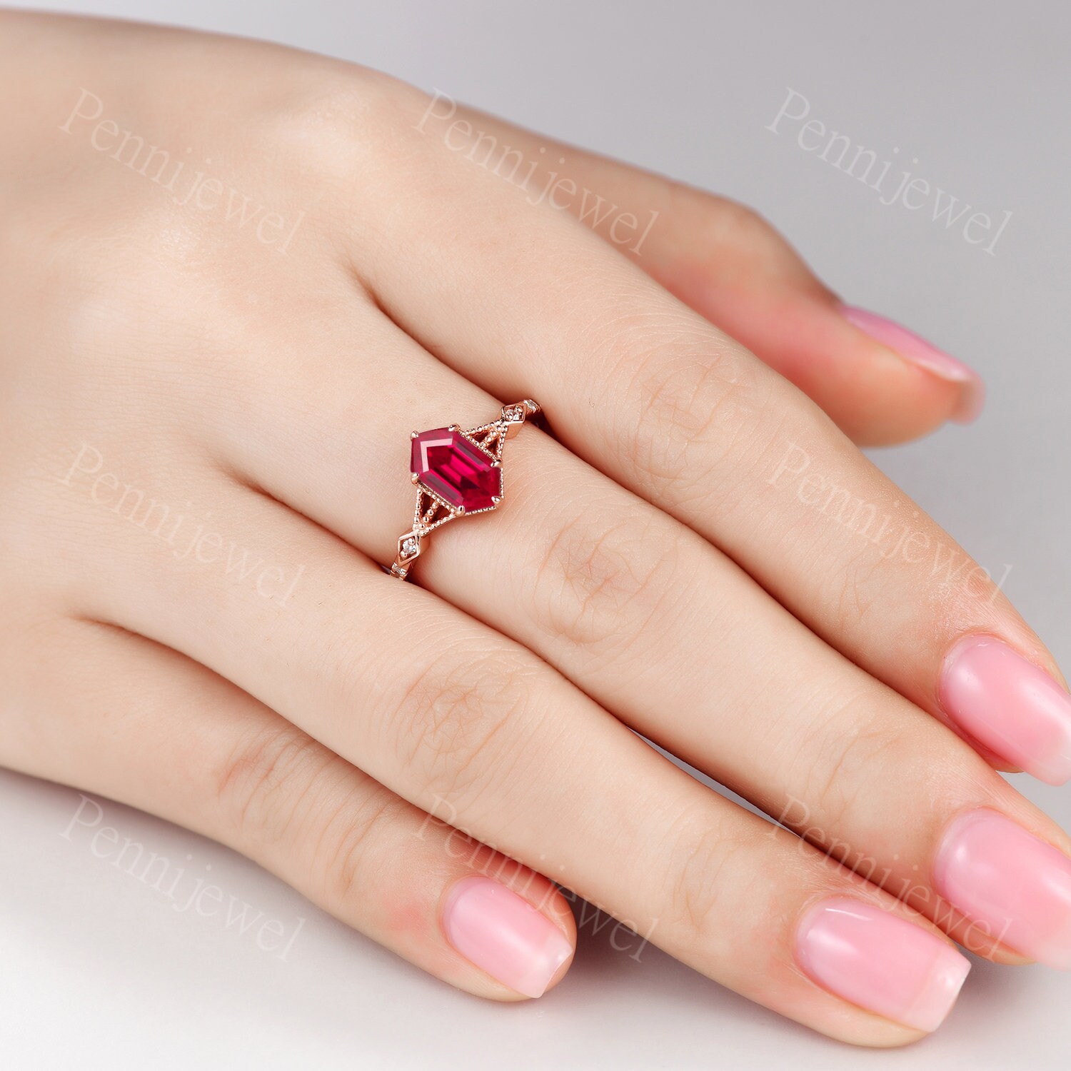 Vintage Long Hexagon Cut Red Ruby Ring Diamond Rose Gold Band - Etsy