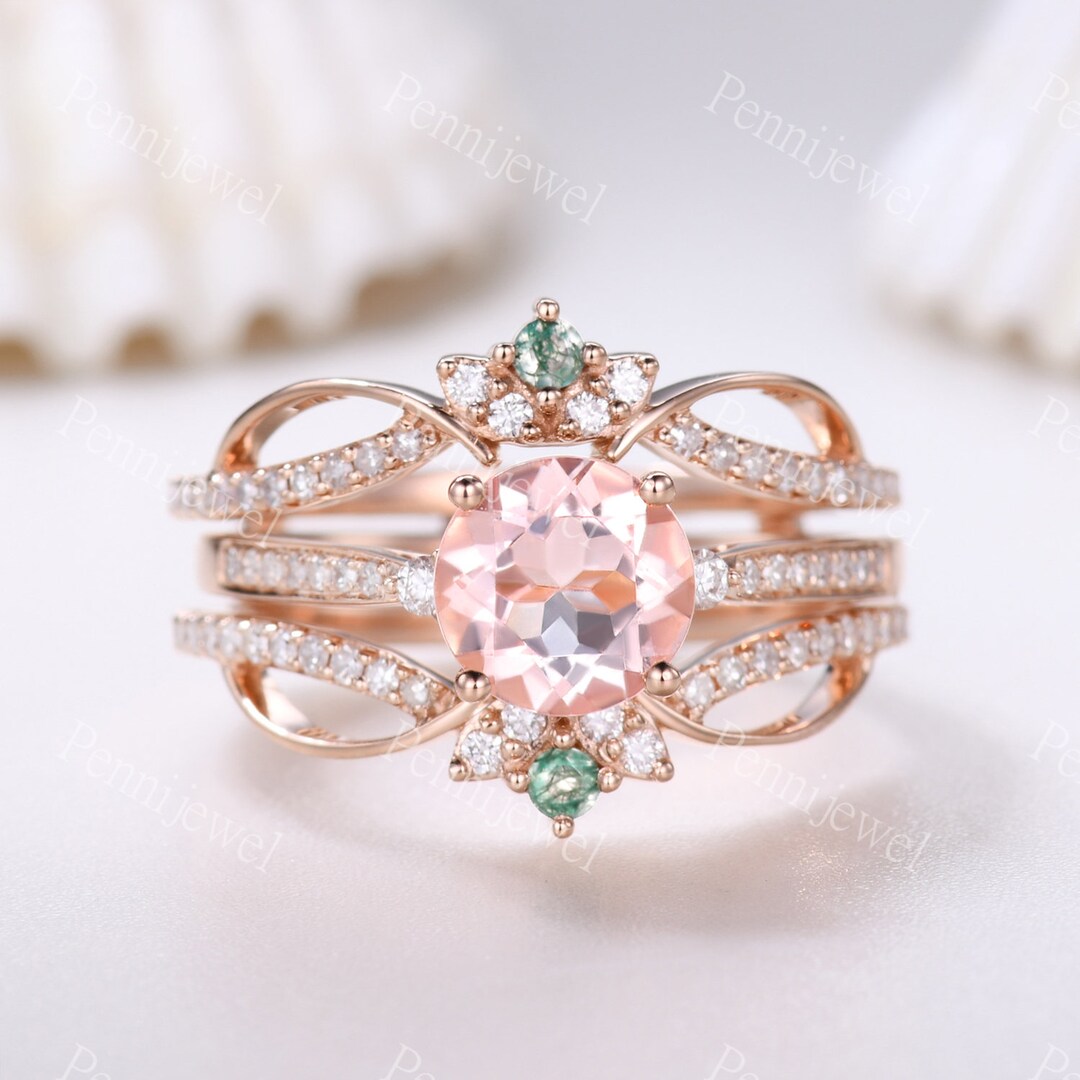 6mm Round Morganite Engagement Ring Set Rose Gold Morganite Ring ...