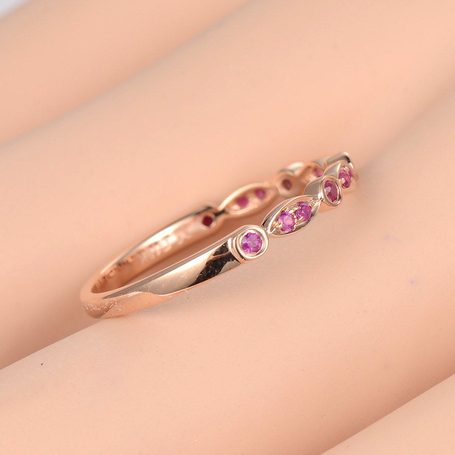 Milgrain Natural Red Ruby Wedding Band 14k Rose Gold Half Eternity Ring ...
