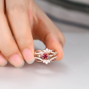Ruby Engagement Ring Set,diamond Enhancer Band,vintage Ruby Rings for ...