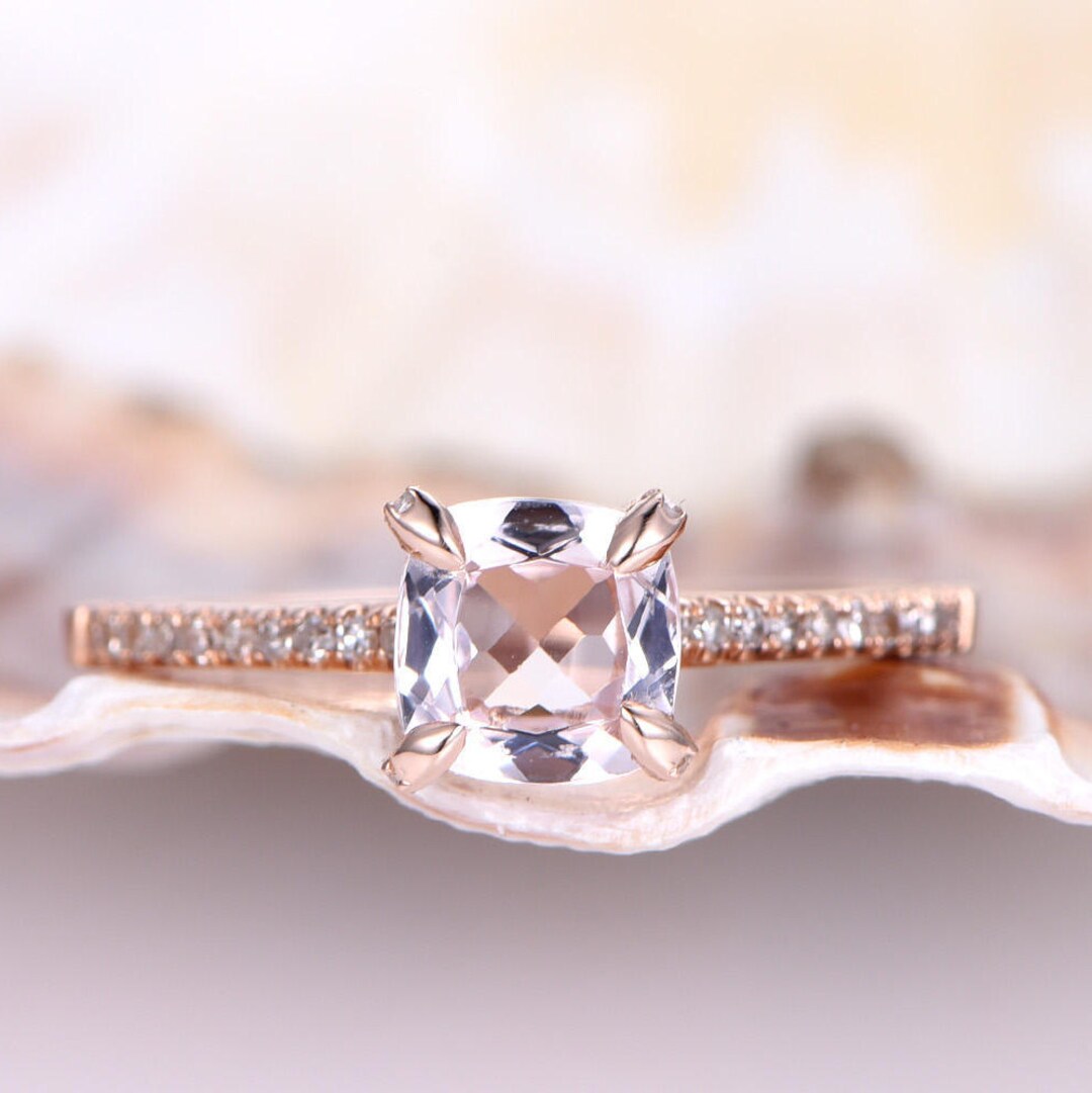 Dainty 6mm Cushion Cut Morganite Engagement Ring Rose Gold Diamond Ring ...